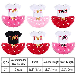 Mouse 2nd Birthday Outfits Baby Girls Short Sleeve Romper Polka Dots Mini Tutu Skirt Headband 2 Years Old Cake Smash Photo Props I’m Two 1st First Second Birthday Party Supply Clothing Set Hot Pink 2T
