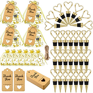 48 Set Heart Shaped Wine Beverage Bottle Stopper Party Favors Bulk Love Design for Guests with Sheer Bags, Labels, Rope for Valentines Souvenir Gifts Engagement Wedding Bridal Shower Supplies (Gold)