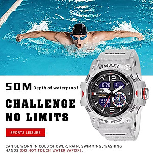 HOOSHU Mens Watches Tactical Watches for Men Analog Dual Display Sports Watch Military LED Stopwatch Electronic Large Waterproof (Crystal)