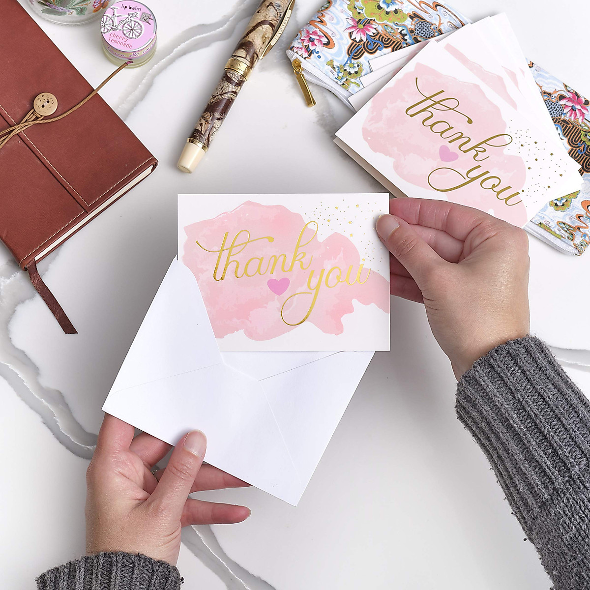 Thank You Cards with Envelopes (Set of 48) | Great for Baby Shower, Bridal Shower, Wedding, Parties & More | Thank You Notes Gold Foil Stamped Premium Cardstock with Pink Blush Watercolor Design