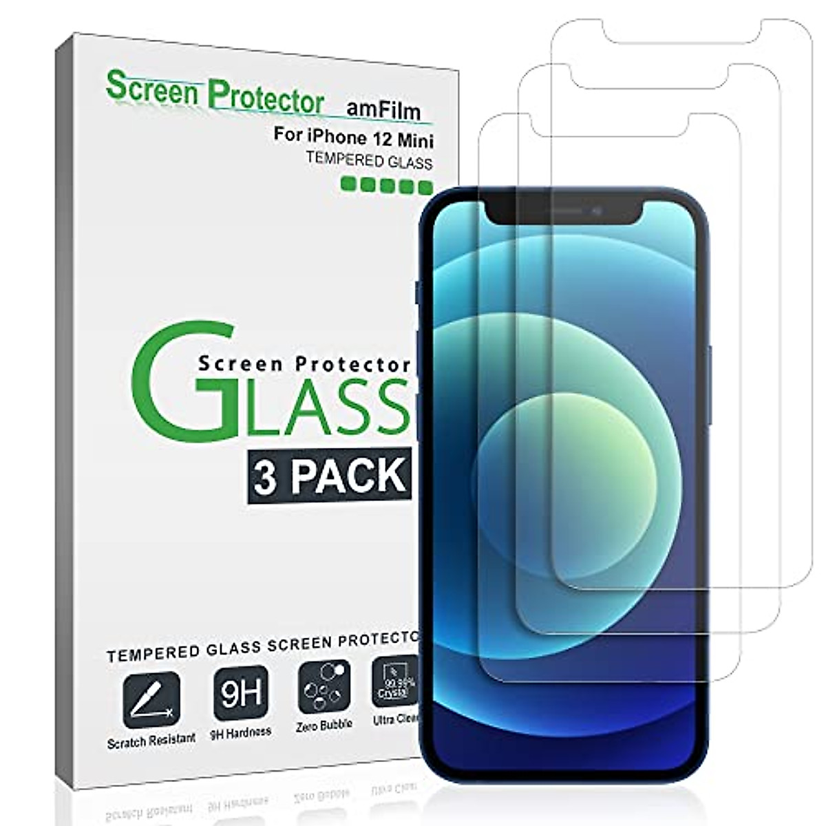 amFilm Glass Screen Protector Compatible with iPhone 12 Mini 5.4" Display, 2020, with Easy Installation Tray, Tempered Glass, 3 Pack