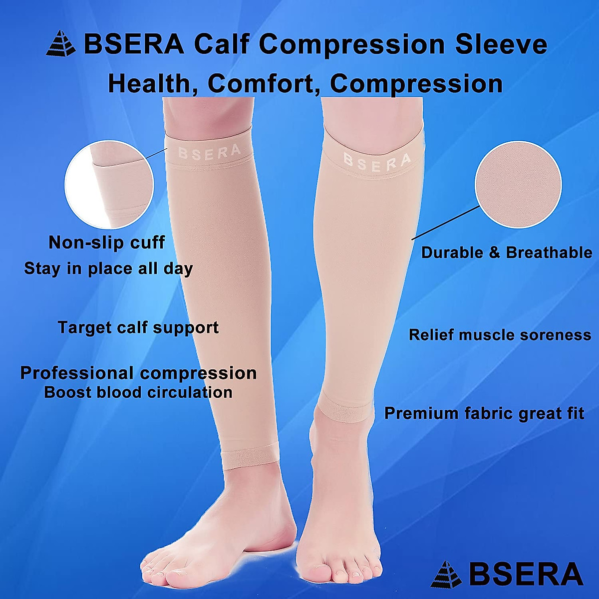 BSERA Calf Compression Sleeve Women, 2 Pairs 15-20mmHg Calf Support Footless Compression Socks Stockings for Shin Splints, Varicose Veins, Recovery (Nude/Skin, Large)