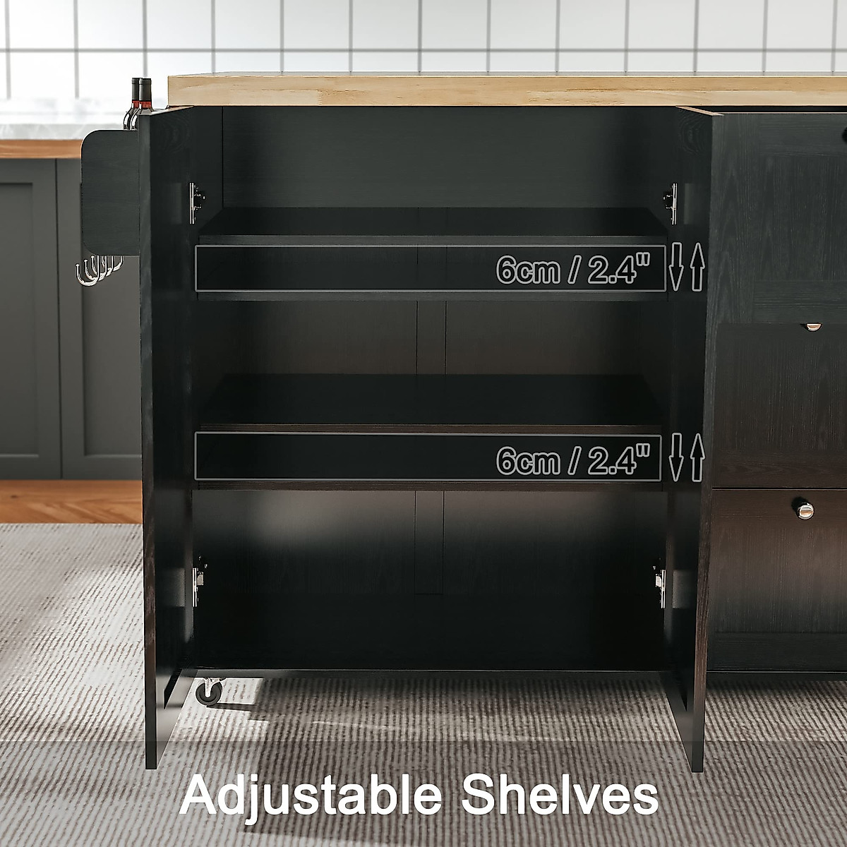 IRONCK Rolling Kitchen Island Cart with Drop-Leaf Countertop, Barn 3Drawers, Barn Door Style Cabine,Thicker Rubberwood Top, Spice Rack, on Wheels, for Kitchen and Dining Room, Black