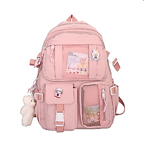 Kawaii Backpack with Pins and Pendant Accessories Cute College High School Backpack Laptop Bookbags for Teens Girls (Pink)