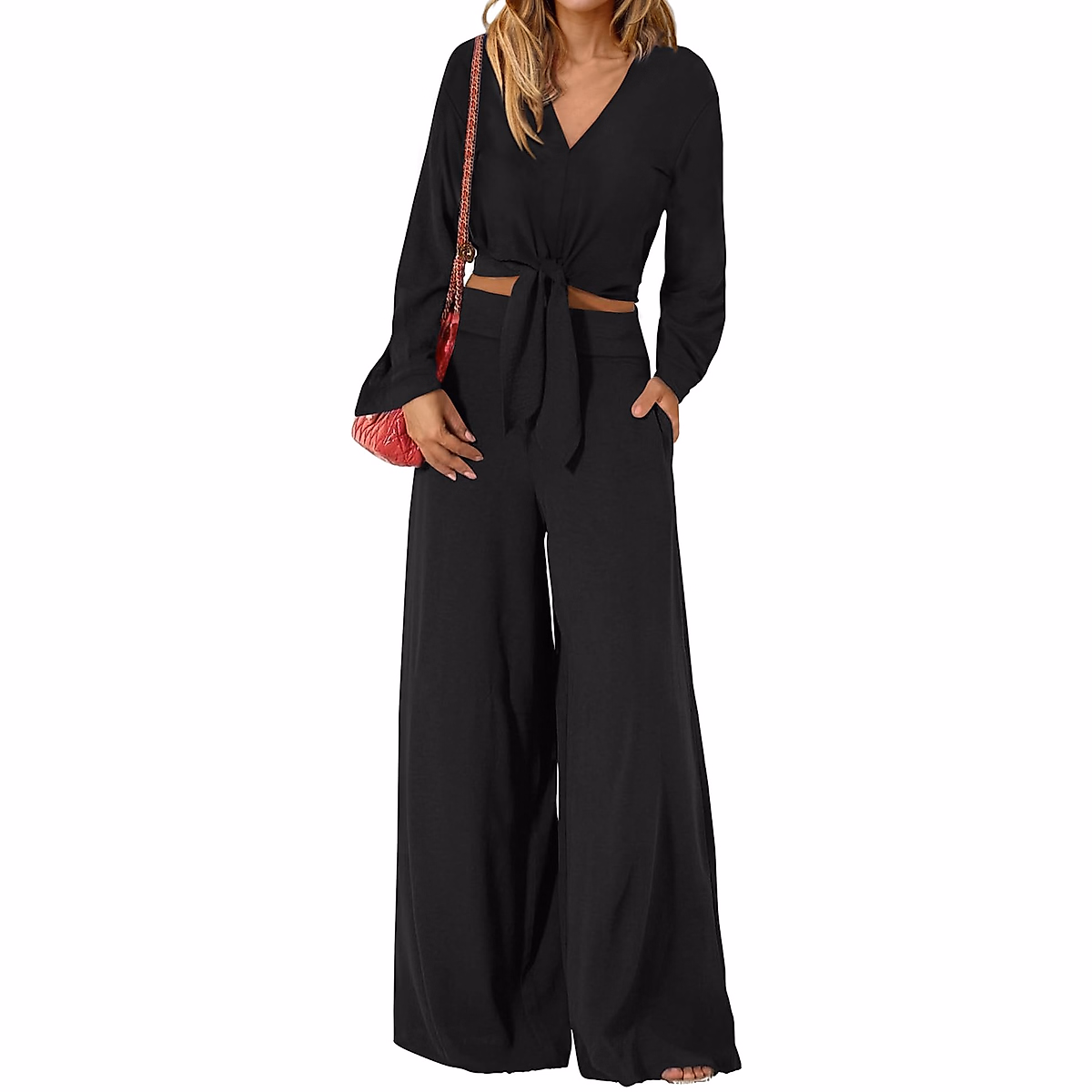 PRETTYGARDEN Women's 2 Piece Outfits 2025 Spring Casual V Neck Long Sleeve Strappy Crop Top Wide Leg Palazzo Pant Sets(Solid Black,X-Large)