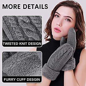 Women's Winter Gloves Warm Lining - Cozy Wool Knit Thick Gloves Mittens in 11 color (Beige+dark gray)