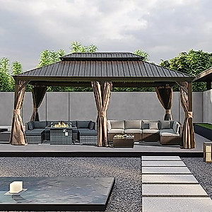 12' x 18' Hardtop Gazebo, Domi Outdoor Aluminum Metal Gazebo with Curtains and Netting, Galvanized Steel Double Canopy for Patios, Deck, Backyard