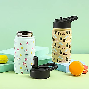 Kids Thermal Bottle with Straw Lid and Loop Cap, 12oz Premium Stainless Steel Water Bottle, Easy to Drink for Toddlers, Keeps Drinks Fresh for 12 Hours (Camping Bear)