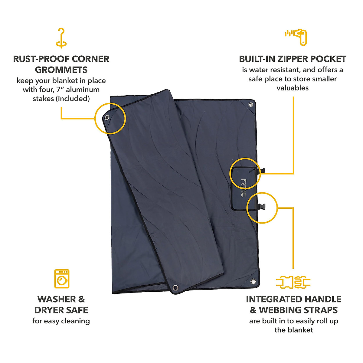 RTIC Anywhere Blanket, Waterproof Portable, Quilted Outdoor Mat for Picnic, Beach, Camping, Grass, Park, Play-Time, Pets, Stain Resistant Machine Washable, Includes 4 Stakes, 54.5" x 78.5", Coal