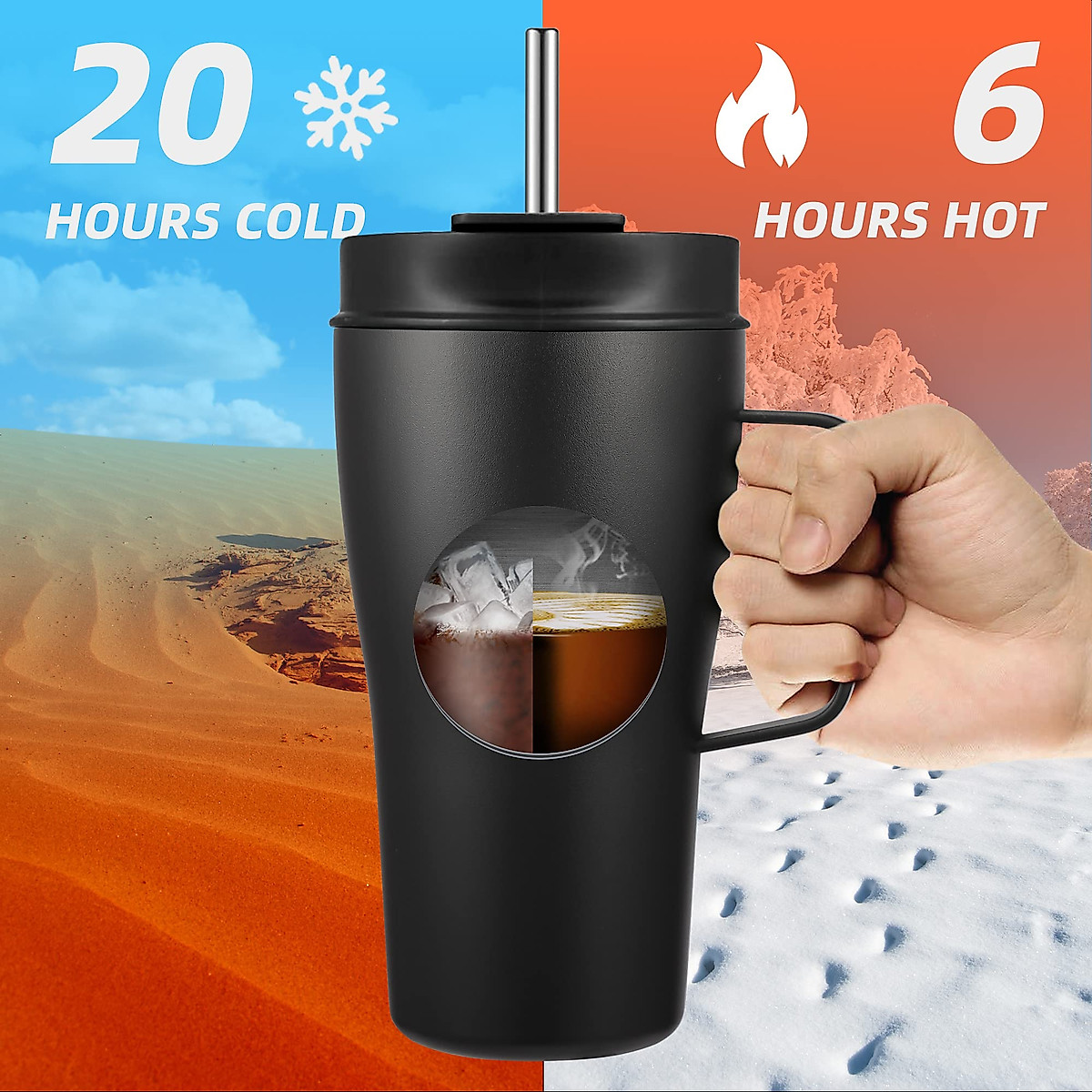 CIVAGO 20 oz Insulated Coffee Mug with Lid, Stainless Steel Coffee Travel Mug with Handle, Double Wall Vacuum Tumbler with Lid and Straw, Thermal Cup, Black Glitter