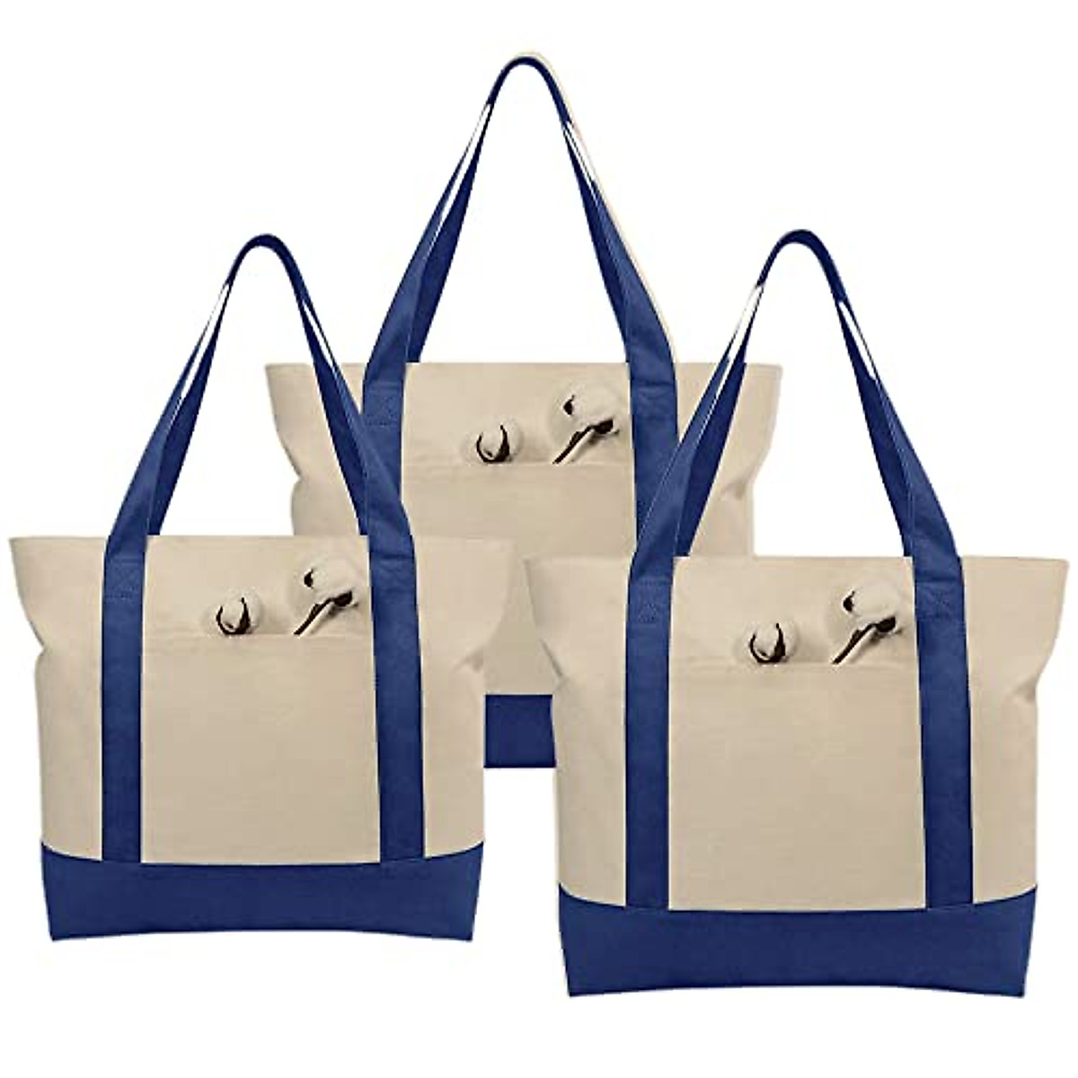 Simpli-Magic Stylish Canvas Tote Bag with an External Pocket, Top Zipper Closure, Daily Essentials, 3 Pack, 20" x 15" x 6", Blue/Natural