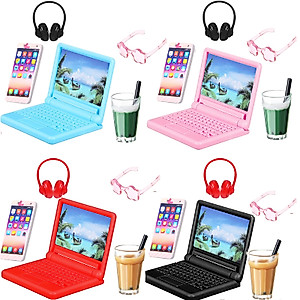 20 Pieces Dollhouse Accessories Doll Travel Accessories Mini Laptop Computer Phone Toy Miniature Glasses Headset Drink Toys Plastic Doll Accessories for Dolls (Classic Style)