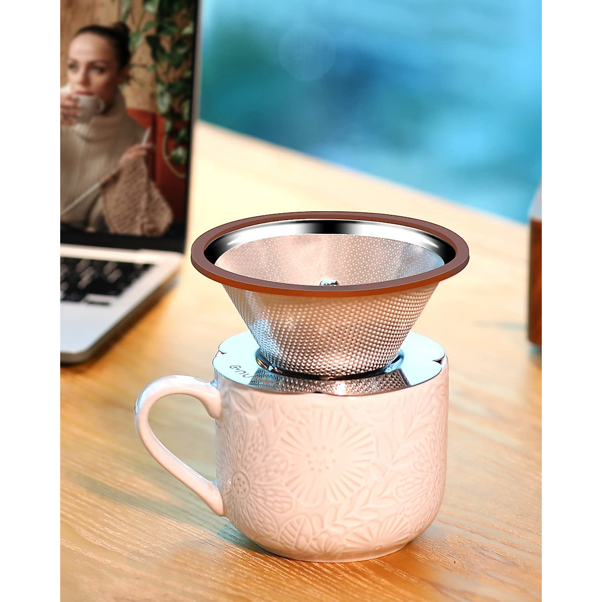 Cnuben Coffee Dripper Cone,Without Filter Stainless Steel Reusable Pour Over Coffee Filter 1-3 Cup Paperless Metal Cone , Cnuben W60