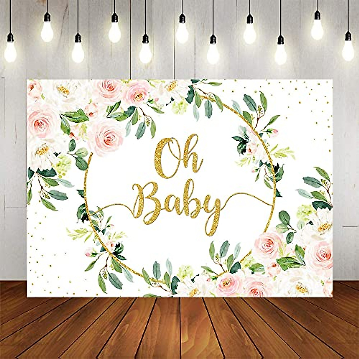 Avezano Oh Baby Shower Backdrop Pink Flower Baby Shower Gold Dots Background Girls Blush Floral Baby Shower Party Decorations Photo Shoot Props (7x5)