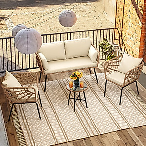 YITAHOME Wicker Outdoor Loveseat, All-Weather Patio Sofa for Balcony, Backyard, Pool, Porch, Deck, Outdoor Sectional Furniture Set with Table & Cushions - Beige