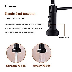 Pirooso Kitchen Sink Faucet, Solid Brass Kitchen Faucet with 3 Function Pull Down Sprayer, Black and Gold Kitchen Faucet