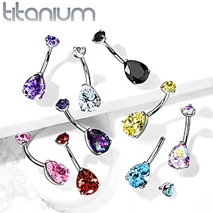 Dynamique Implant Grade Titanium Internally Threaded Top Prong Set Pear CZ Belly Button Rings (Sold Per Piece)