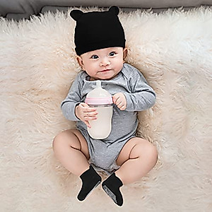 Geyoga 9 Pieces Newborn Baby Hat Mittens Sock Set Bear Ears Hat Mittens No Scratch Gloves for 0-12 Months Boy Girl(Black, Navy Blue, Gray)
