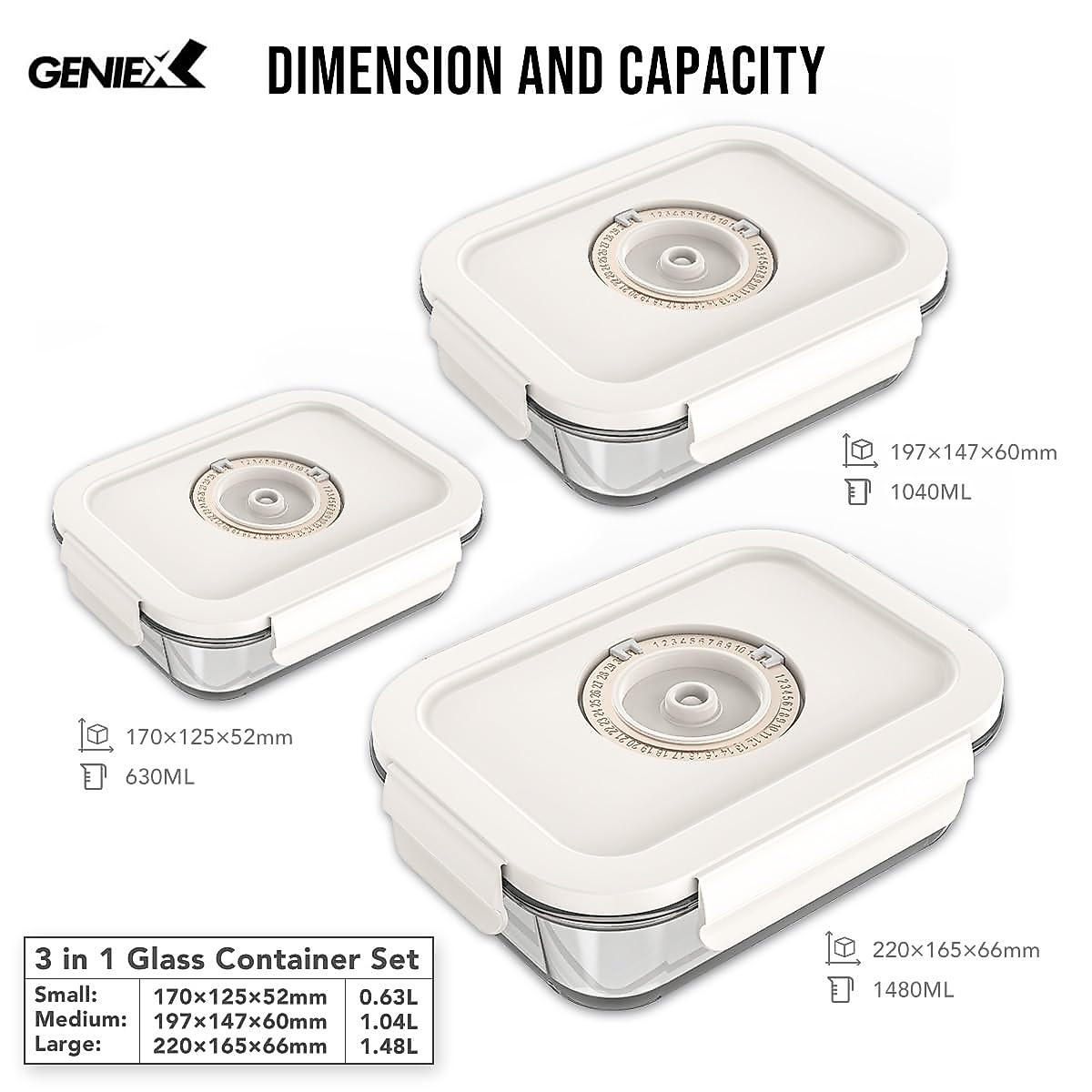 GENIEX Vacuum Containers for Food Storage, Glass Vacuum Seal Containers Set of 3, Food Saver Containers for Vacuum Seal, Easy Clean Marinade container (Rectangular-Glass-3pc | Sealer sold separately)