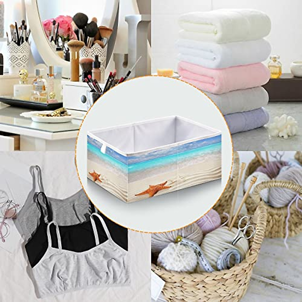 Kigai Summer Beach Starfish Bow Storage Box, Foldable Storage Bins, Decorative Closet Organizer Storage Boxes for Home