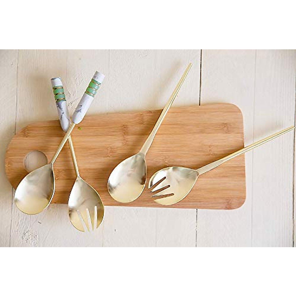 Folkulture Serving Spoons or Salad Servers for Modern Kitchen, Stainless Steel Serving Utensils - Spoon and Fork for Serving Salad, 12-inch Cooking Utensils Set with Marble Handle, Pearl White