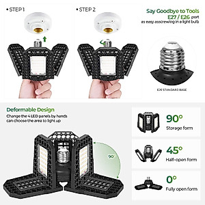 2-Pack LED Garage Light, 80W LED Shop Light with E26/E27 Medium Base, 8000LM LED Garage Lighting, 6500K Screw in LED Basement Lights with 3 Adjustable Panels 270° - Barn Light, Attic, Bay Light