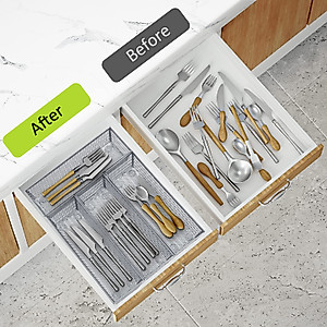 Neudeco Mesh Drawer Organizer, Silverware Organizer for Kitchen Drawer?Utensil Metal Organizer for Flatware, Knives, Cosmetic (Silver 9 * 3 * 2 inch Pack6)
