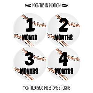 Months in Motion Baby Monthly Stickers - Baby Milestone Stickers - Newborn Boy Stickers - Month Stickers for Baby Boy - Baby Boy Stickers - Newborn Monthly Milestone Stickers - Baseball - Set of 20