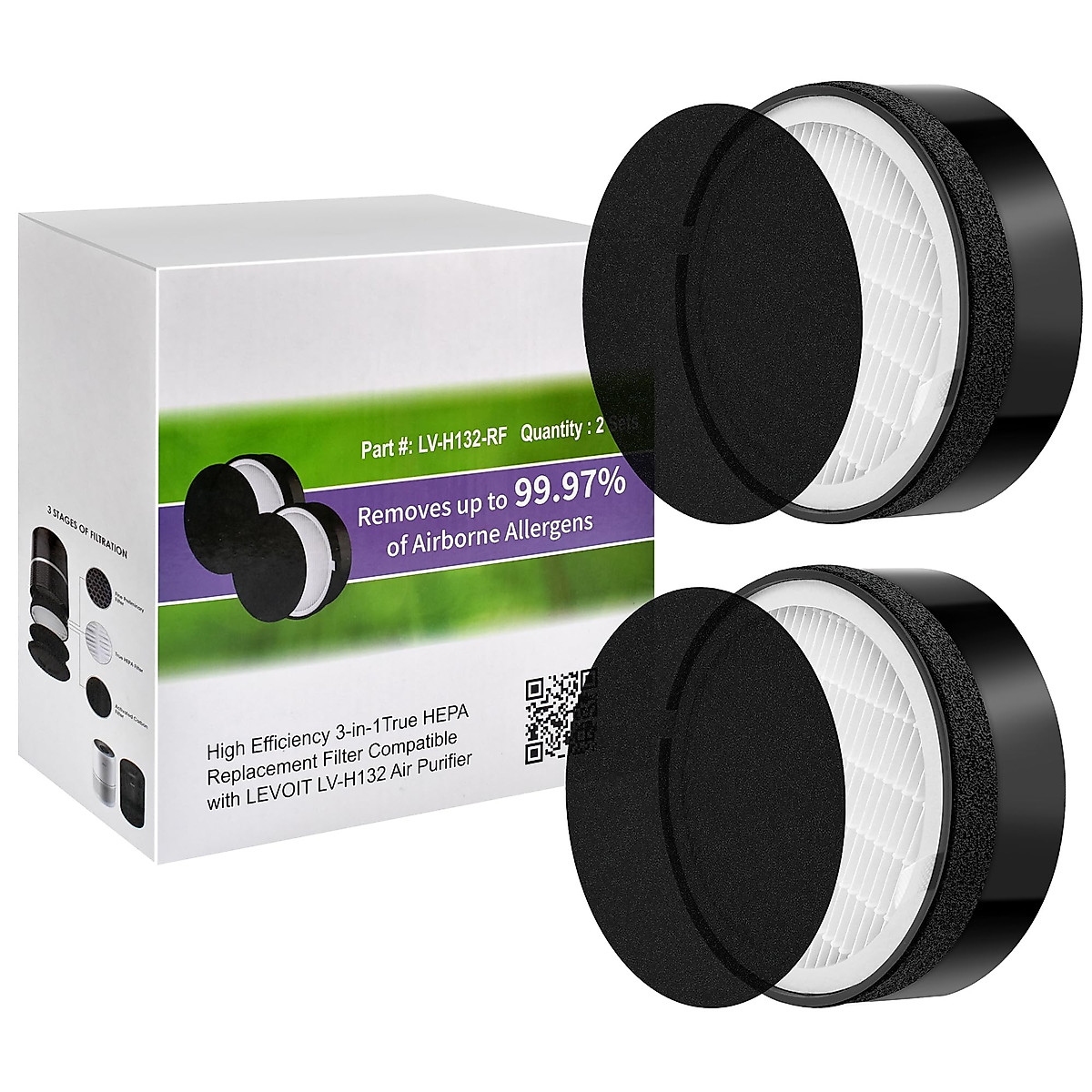True HEPA with Activated Carbon Filter Compatible with Levoit LV-H132, Part # LV-H132-RF (2 - Pack) FilledwithLove