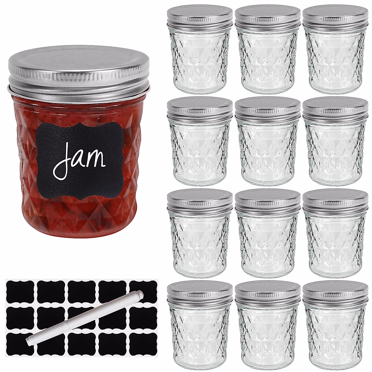 Small Mason Jars 6 oz with Airtight Silver Lids,12 Pack 200ml Glass Diamond Canning Jar,Wide Mouth Jam Jars for Jelly,Salad,Preserving,Fermenting,Wedding Favors(Labels and Chalk Marker Included)