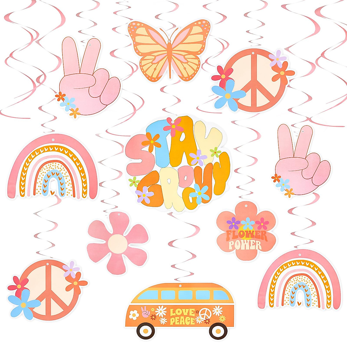 AnyDesign 36Pcs Two Groovy Party Hanging Swirls Decoration Kit Retro Hippie Boho Flower Butterfly Hanging Streamers Ceiling Spiral with Cutout Cardboard Ornaments for Home Classroom Birthday Supplies