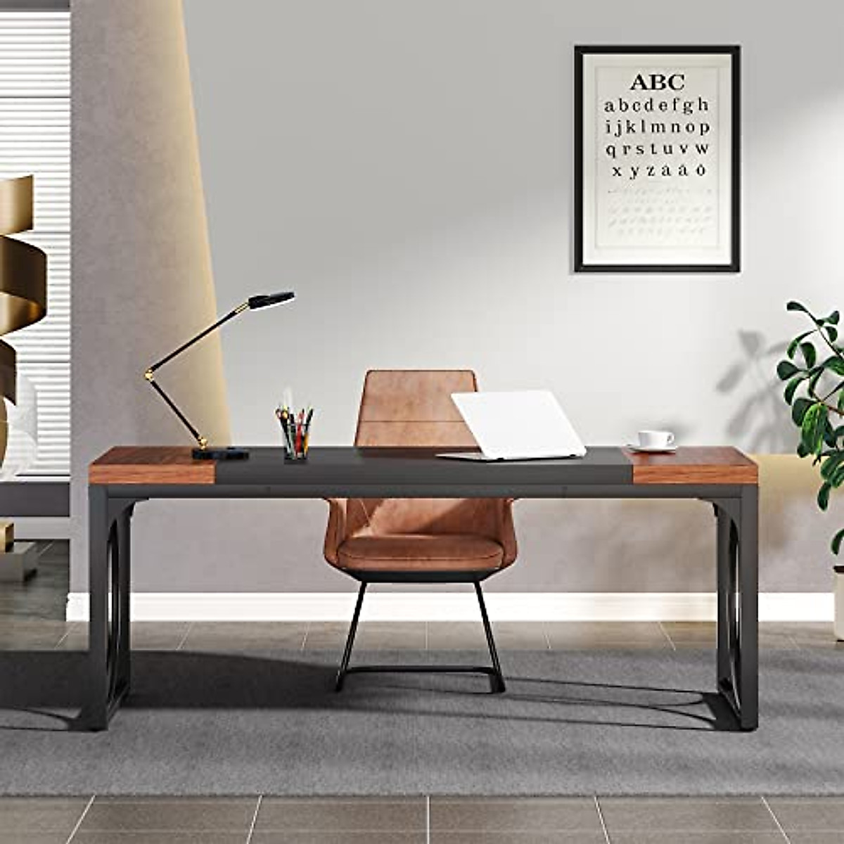 Tribesigns 63" Executive Desk, Large Office Computer Desk with Strong Metal Frame, Industrial Thicken Wood Workstation Business Furniture for Home Office, Easy Assembly (Walnut & Black)