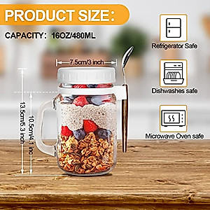 Nidhdsda Overnight Oats Containers with Lids and Spoon Set of 2, 16 OZ Mason Jars with Handle for Overnight Oats Jar Glass Oatmeal Containers for Cereal, Yogurt, Fruit, Salad, Chia Pudding(White)