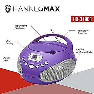 HANNLOMAX HX-319CD Portable CD Boombox, AM/FM Radio, LED Display, Aux-in Jack, AC/DC Dual Power Source (Purple)