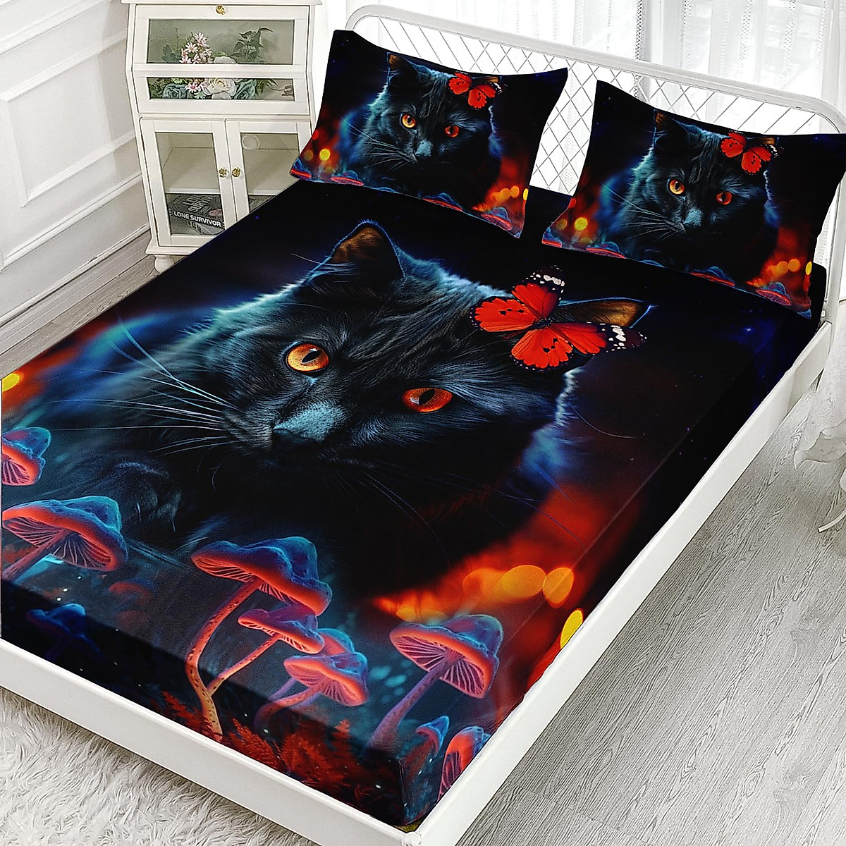 AILONEN Black Cat Fitted Sheet Full Size, Cat with Butterfly Bedding Set for Teens Boys Girls,Magic Mushroom Bed Sheet Set,Boho Style Starry Night Bedsheets Set,1 Fitted Sheet and 2 Pillowcases