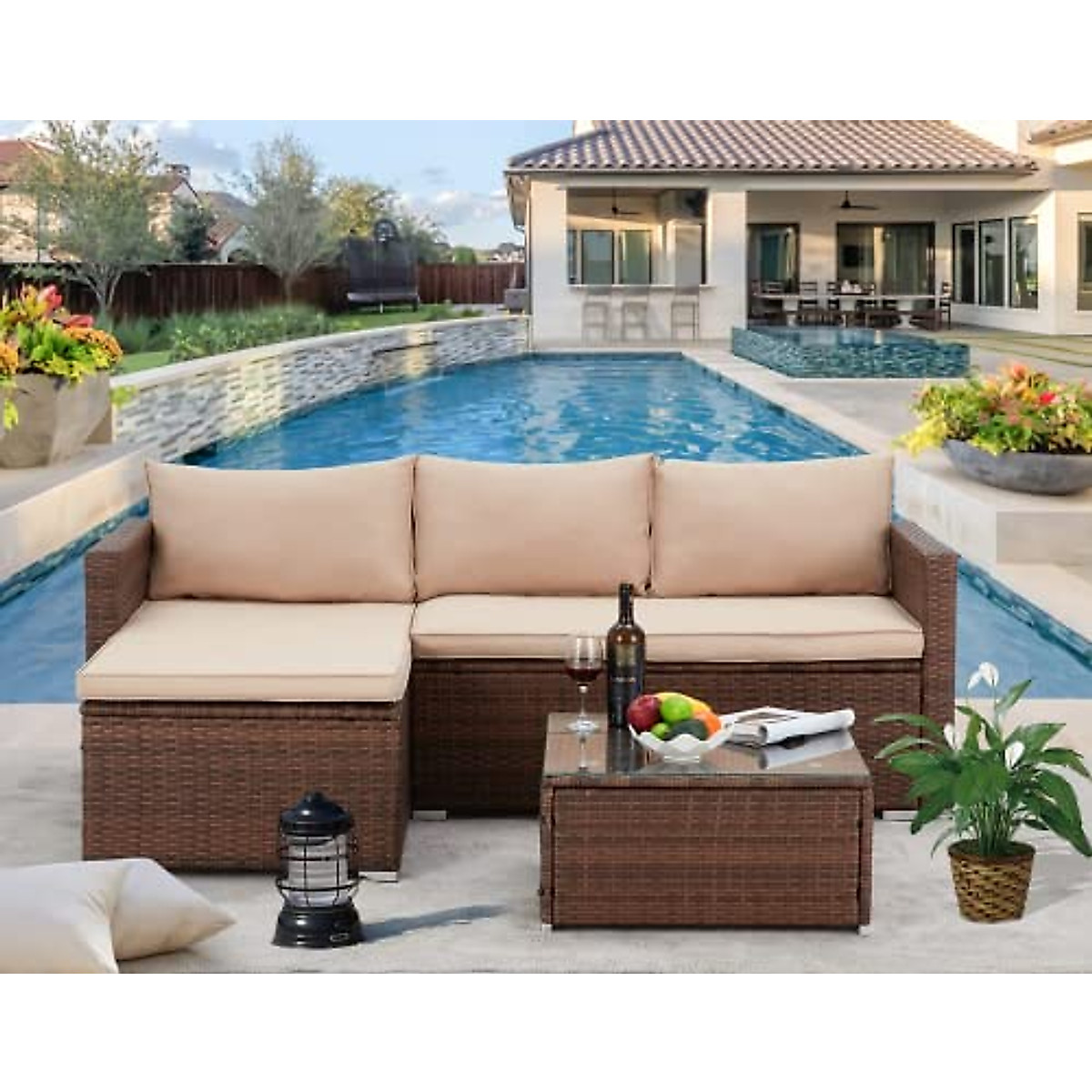 AVAWING 3 Piece Patio Furniture Set, Outside Furniture All-Weather Wicker Patio Furniture Sets with Tempered Glass Table and Cushions for Garden Backyard Balcony Porch Poolside, Beige…
