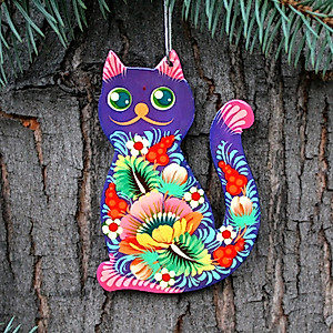 Funny Pets Christmas Decorations Cat and Dog Christmas Tree Ornaments Set 2 pcs Wooden Hand-Painted 3.3 x 2.8 x 0,2 inches. Children Animal Christmas Tree Ornaments Ukrainian Folk Art (Blue)