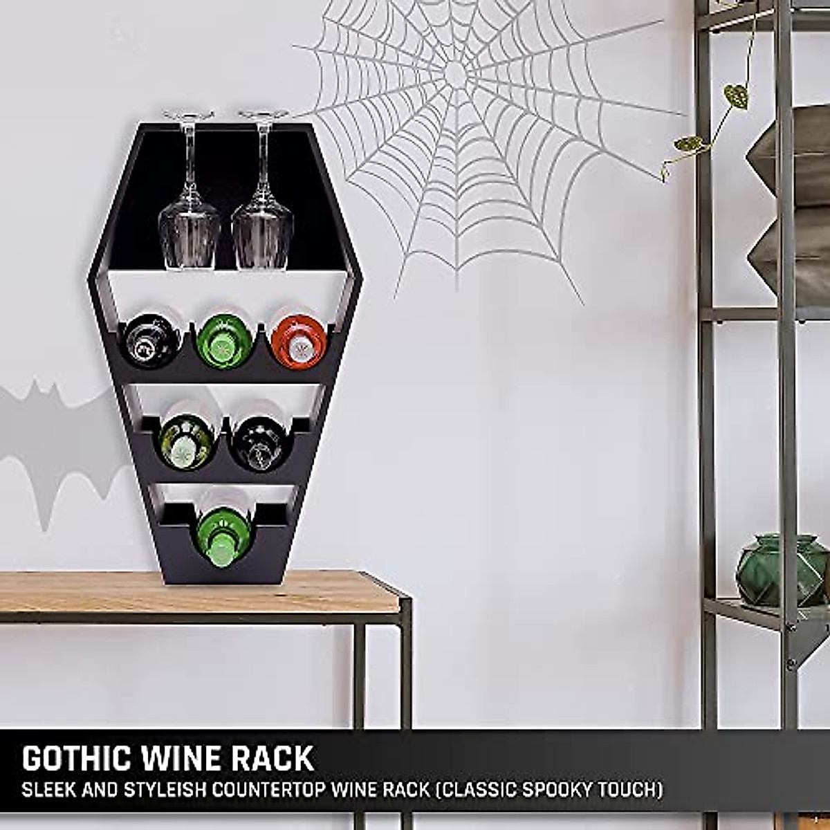 HippoProof Coffin Wine Rack Countertop - Wood Coffin Rack for Kitchen or Living Room - Black Wooden Coffin Shelf Bottle Holder - Gift on Any Occasion, Length: 7 inches , Height: 25 inches x 15 inches