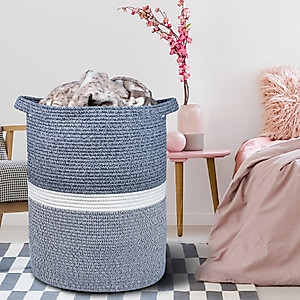 BOSROTY Large Blanket Basket, Tall Laundry Basket 72L, Nursery Hamper, Laundry Hamper, Clothes Basket Laundry, Large Storage Basket, Cotton Rope Basket, Toy Basket, 16”x 22”,Blend Navy Blue & White