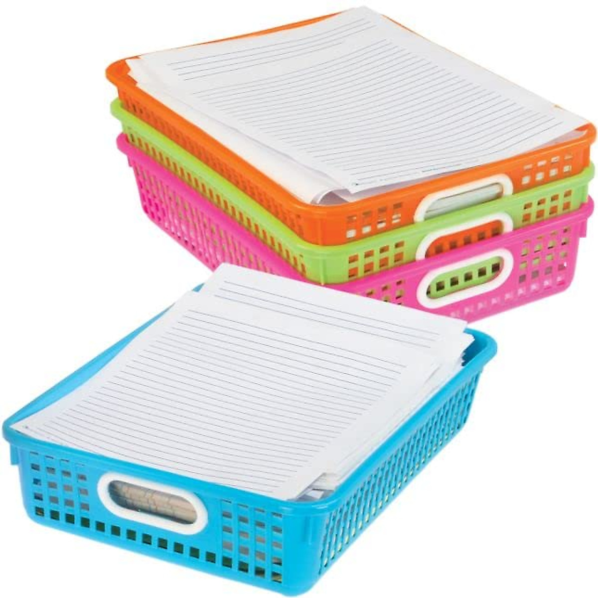Really Good Stuff Plastic Desktop Paper Storage Baskets for Classroom or Home Use – Plastic Mesh Baskets in Fun Neon Colors – 14.25” x 10” – (Set of 4)