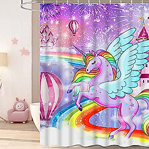 4 Pcs Unicorn Kids Shower Curtain Set with Memory Foam Bath Mat, Non-Slip Bathroom Rugs and Toilet Lid Cover, Waterproof Pink Rainbow Shower Curtain with Hooks, Kawaii Girls Kids Bathroom Decor Sets