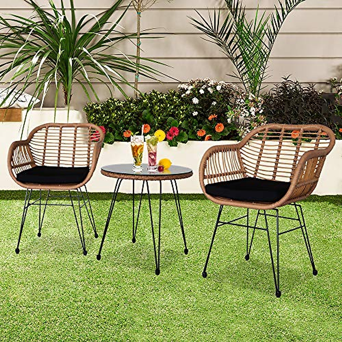 TRRAPLE 3 Pieces Patio Furniture Set, Outdoor Wicker Patio Furniture Sets Modern Bistro Set Rattan Chair Conversation Sets with Glass Top Side Table for Yard and Garden