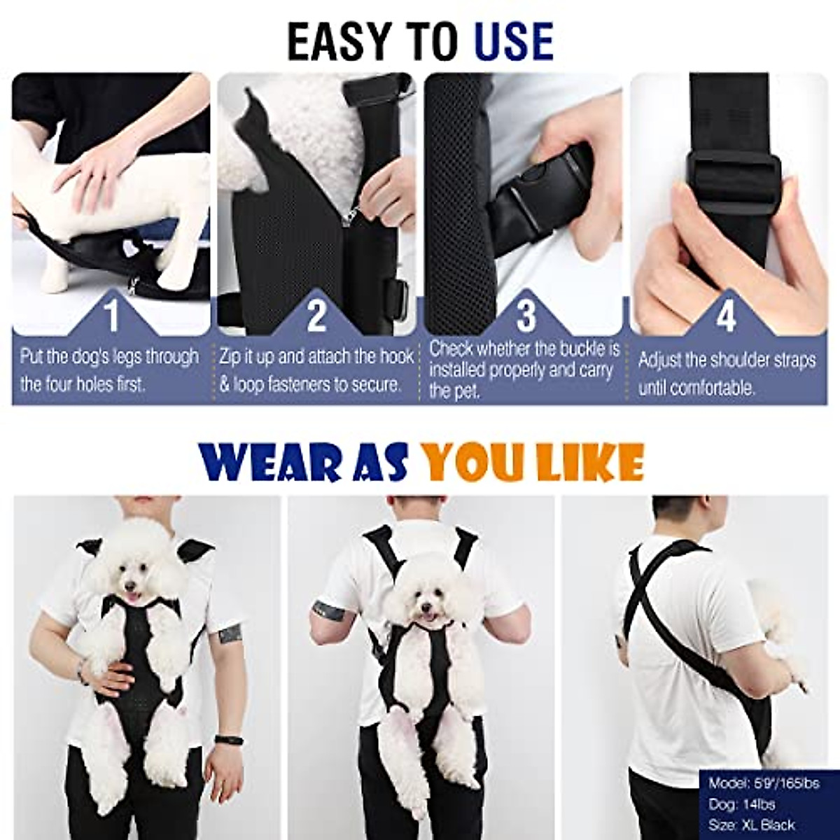 Pawaboo Pet Carrier Backpack, Adjustable Pet Front Cat Dog Carrier Backpack Travel Bag, Legs Out, Easy-Fit for Traveling Hiking Camping for Small Medium Dogs Cats Puppies, Medium, Black