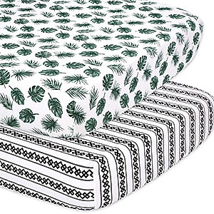 The Peanutshell Fitted Crib Sheet Set for Baby Boys or Girls - 2 Pack - Botanical Leaf & Stripe