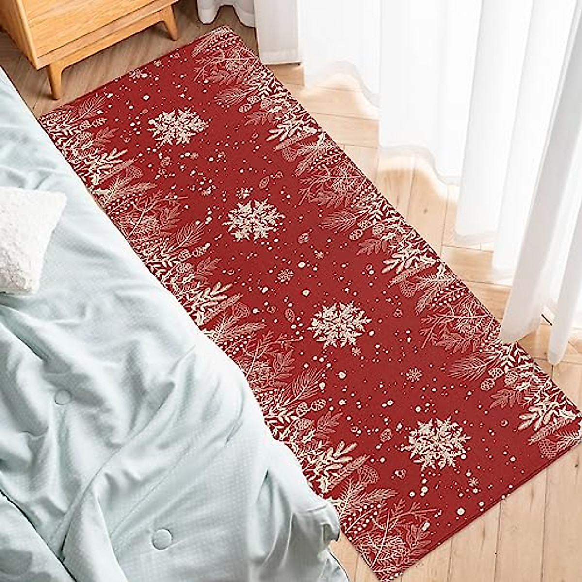 Christmas 2Pcs Kitchen Rugs, Anti Fatigue Kitchen Mat Non Slip Rug Runner Comfort Standing Floor Mats Kitchen Carpet Set for Sink, Laundry - Christmas Snowflakes with Plants Red Texture