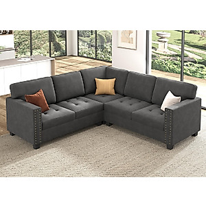HONBAY Velvet Convertible Sectional Sofa L Shaped Couch Reversible 4 Seat Corner Sectional Sofa for Small Space, Grey