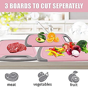 Cutting Boards for Kitchen, Plastic Chopping Board Set of 4 with Non-Slip Feet and Deep Drip Juice Groove, Easy Grip Handle, Dishwasher Safe, BPA Free, Non-porous(Pink/Gray)
