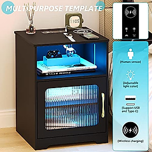 HNEBC Auto LED Nightstand with Charging Station, Smart Night Stand with Wirelss/USB/Type-C, Bedside Table with Body Sensing Lights (Black)