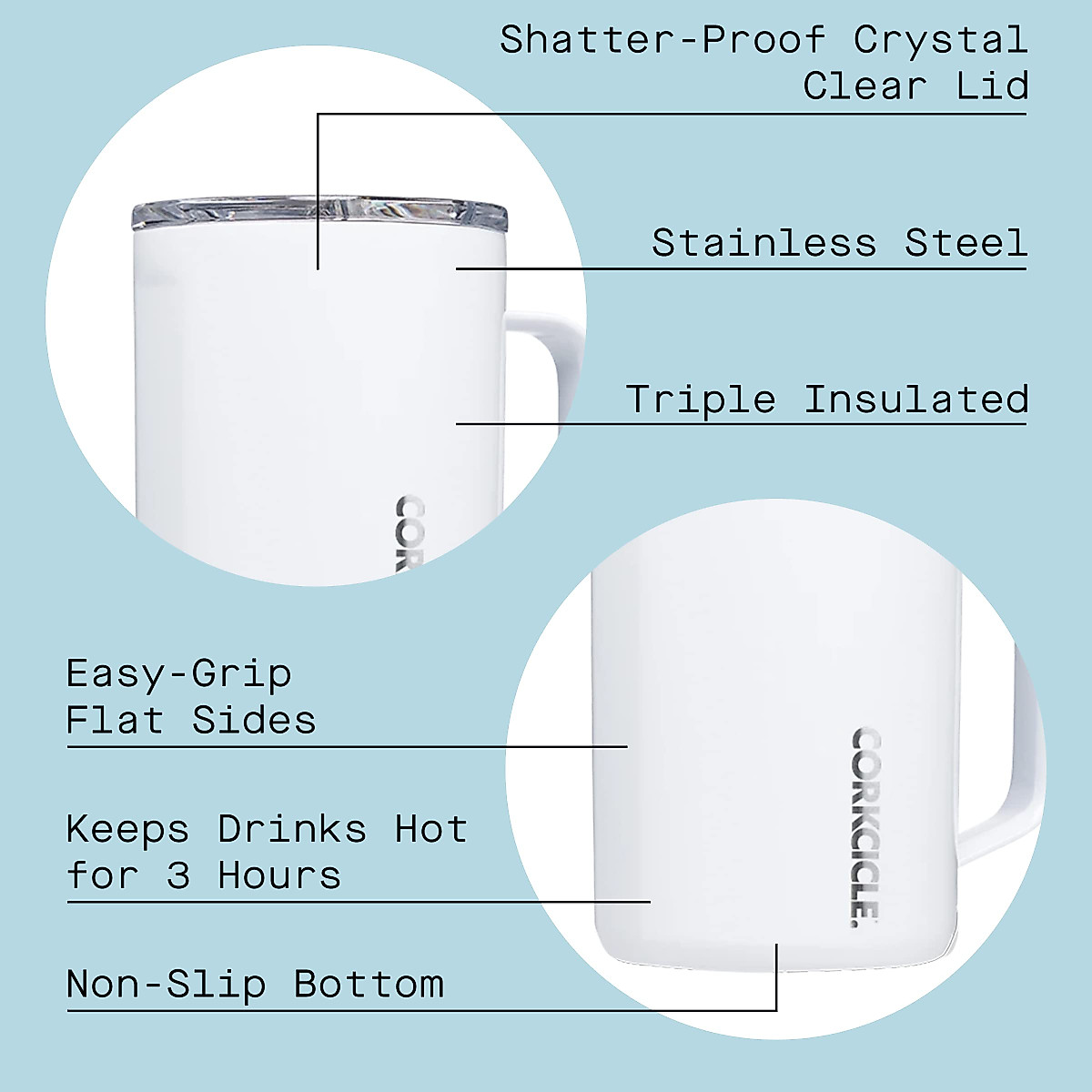 Corkcicle Triple Insulated Coffee Mug with Lid and Handle, Gloss White, 16 oz – Stainless Steel Travel Mug Keeps Beverages Hot for 3+ Hours – Non-Slip, Easy-Grip, Spill-Resistant Tumbler