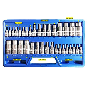 Master Hex Bit Socket Set Allen Wrench Bit Kit Hex Key for Ratchet Socket Tool SAE and Metric Set 3/8, 1/4, 1/2 Drive Socket Set 34-Piece